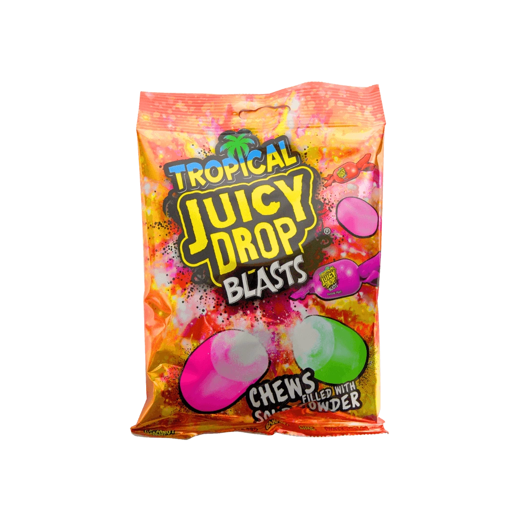 Kramtomieji saldainiai Juicy Drop Blast Tropical, BAZOOKA, 120 g – Bonboni